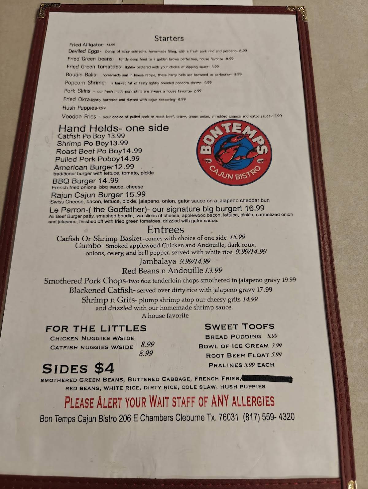 Menu at Bon Temps Cajun Bistro restaurant, Cleburne