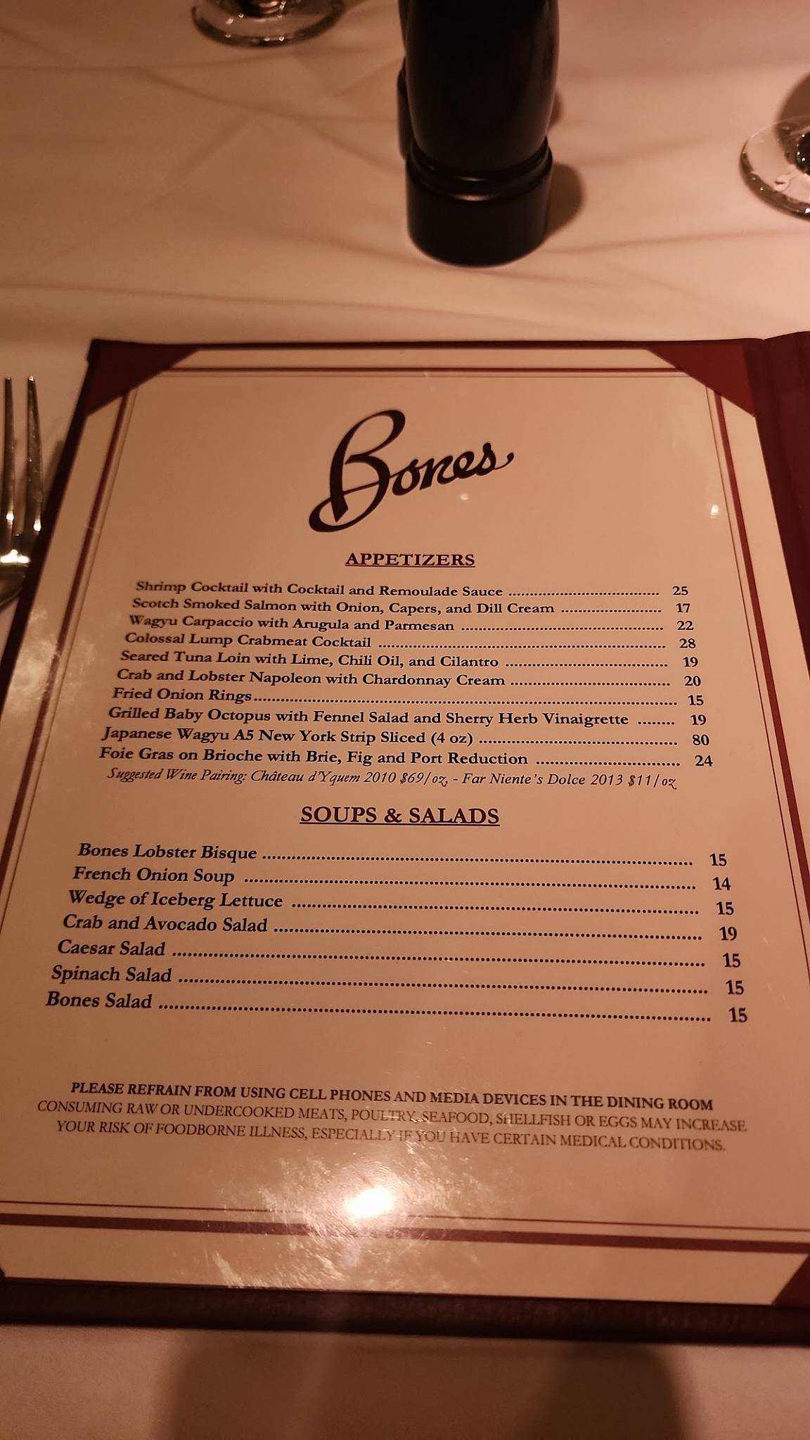 Menu at Bones Restaurant, Atlanta