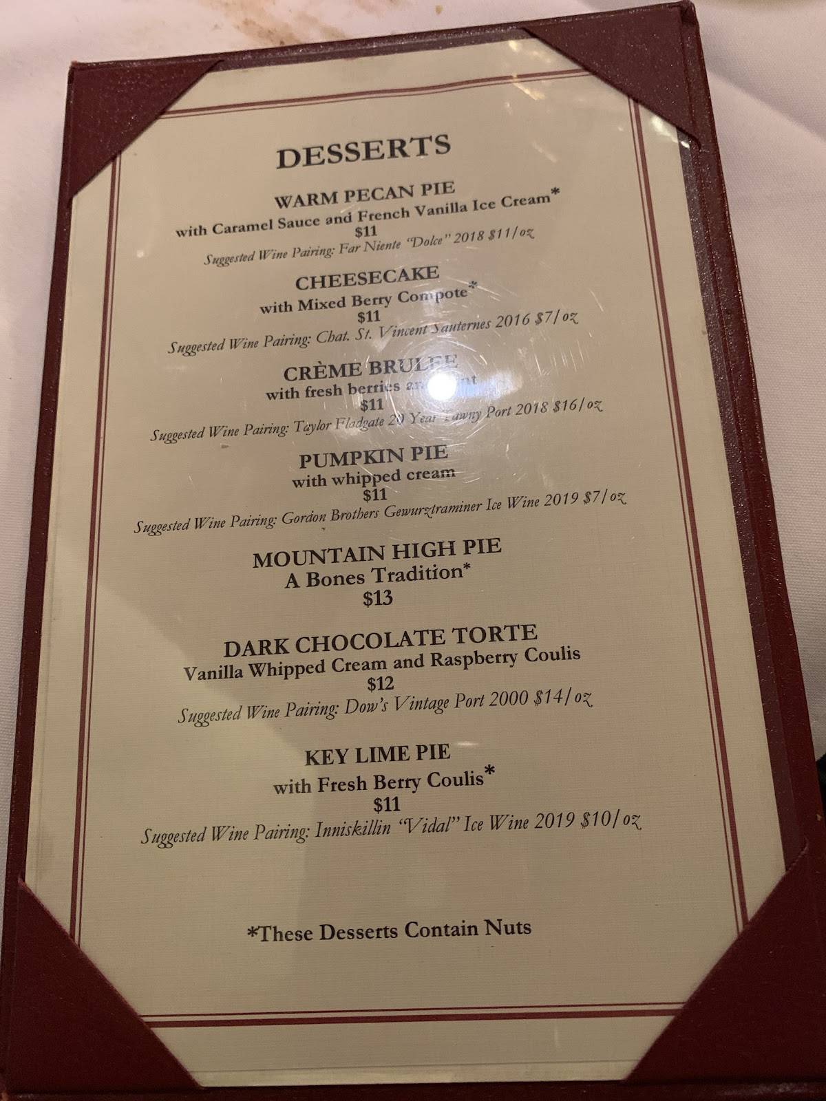 Menu at Bones Restaurant, Atlanta