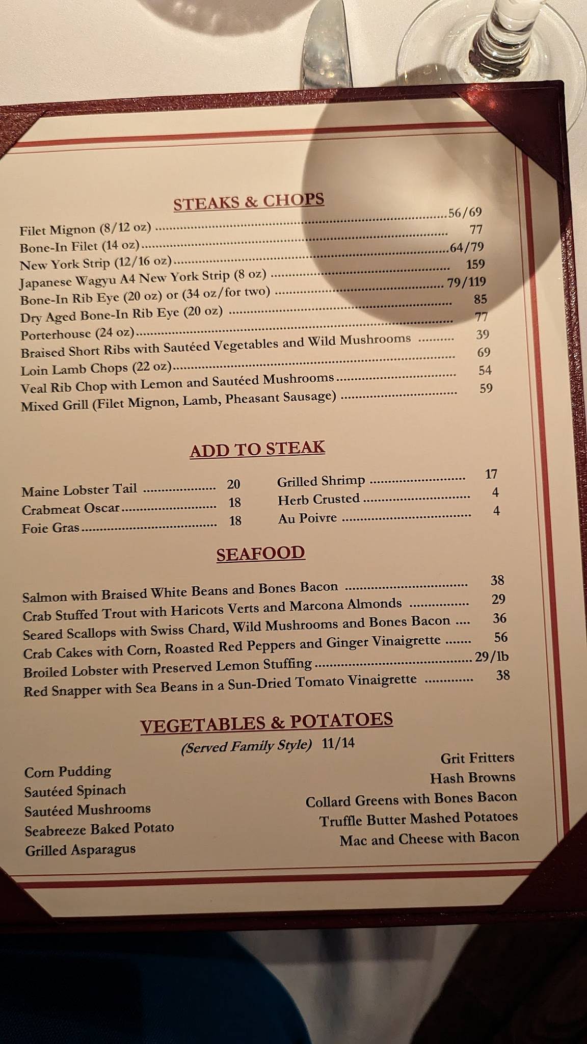 Menu at Bones Restaurant, Atlanta