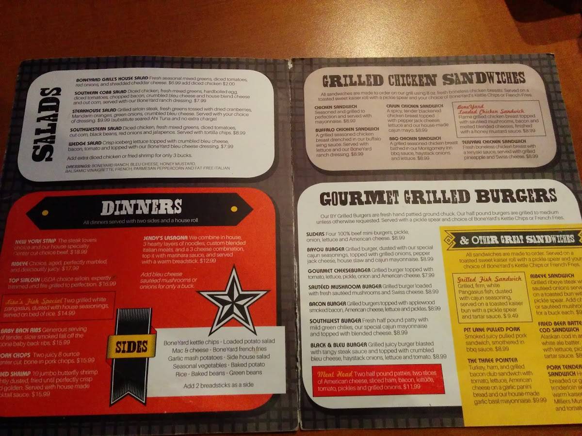 Menu at Boneyard Grill pub & bar, Madison