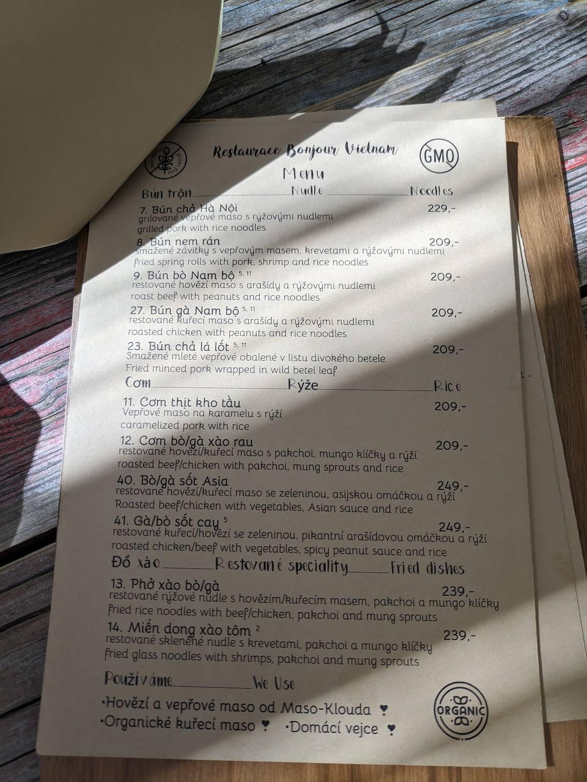Menu at Bonjour Vietnam restaurant, Brno