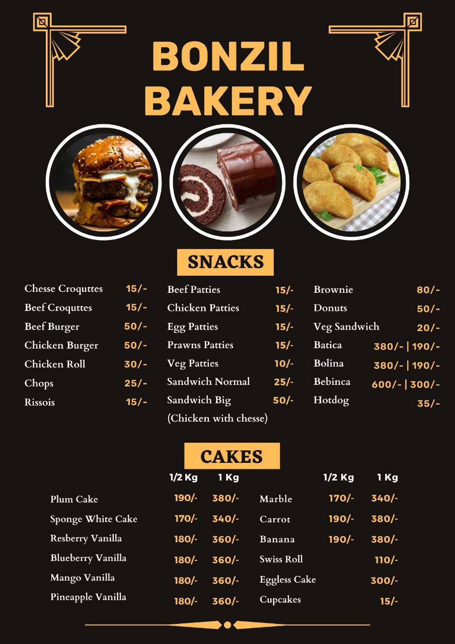 Menu at Bonzil Bakery, Orlim