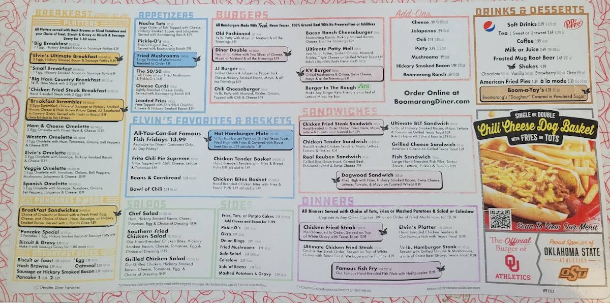 Carta del restaurante Boomarang Diner, Muskogee, W Okmulgee Ave