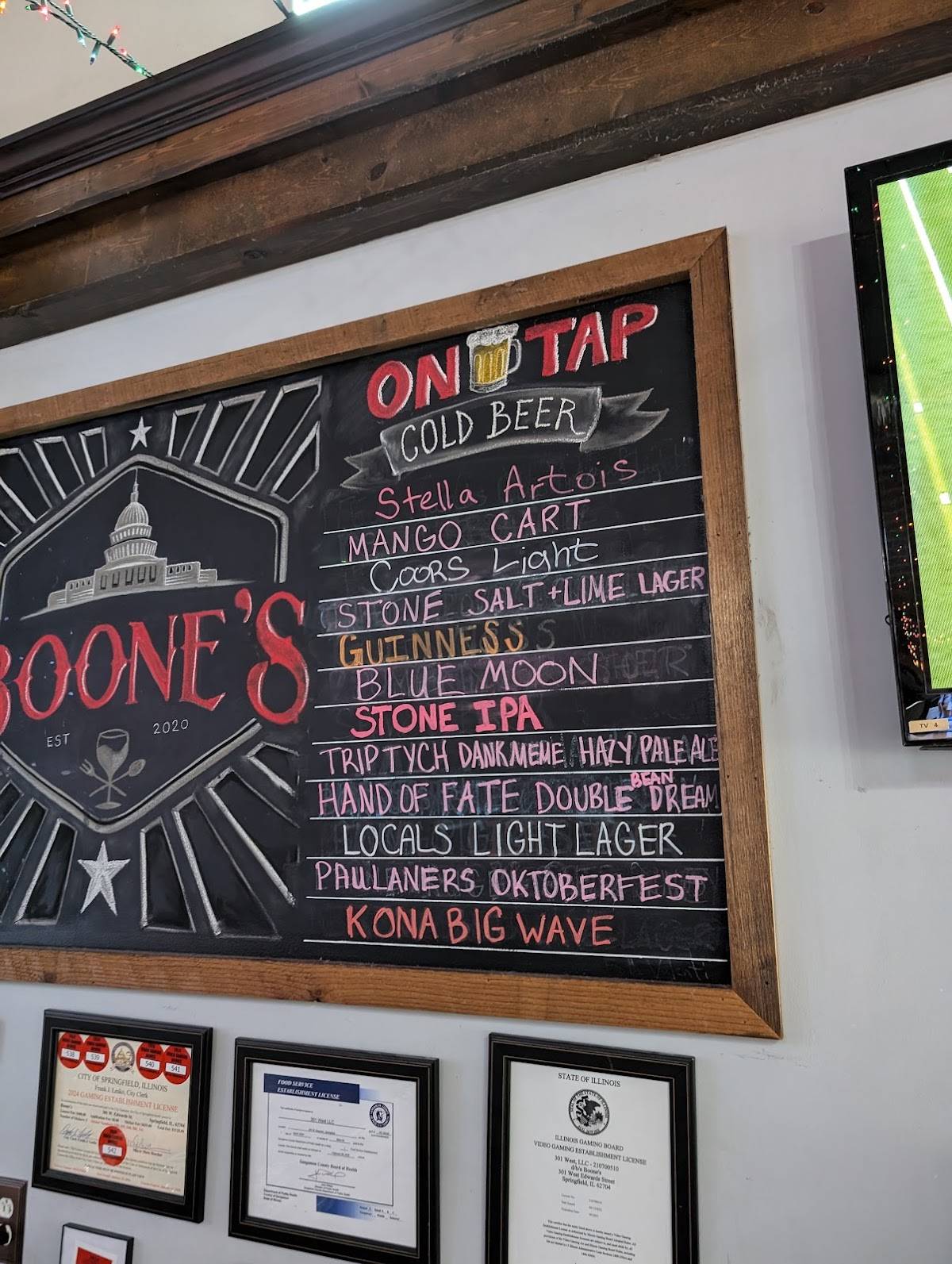 Menu at Boone's pub & bar, Springfield
