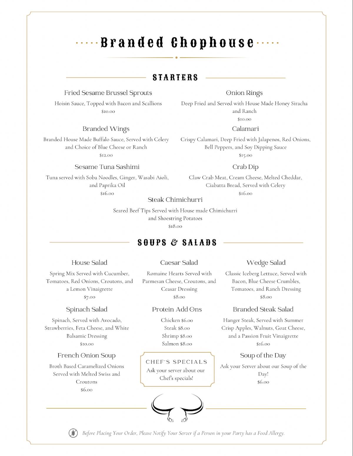 Menu at Branded Chophouse steakhouse, Boonsboro