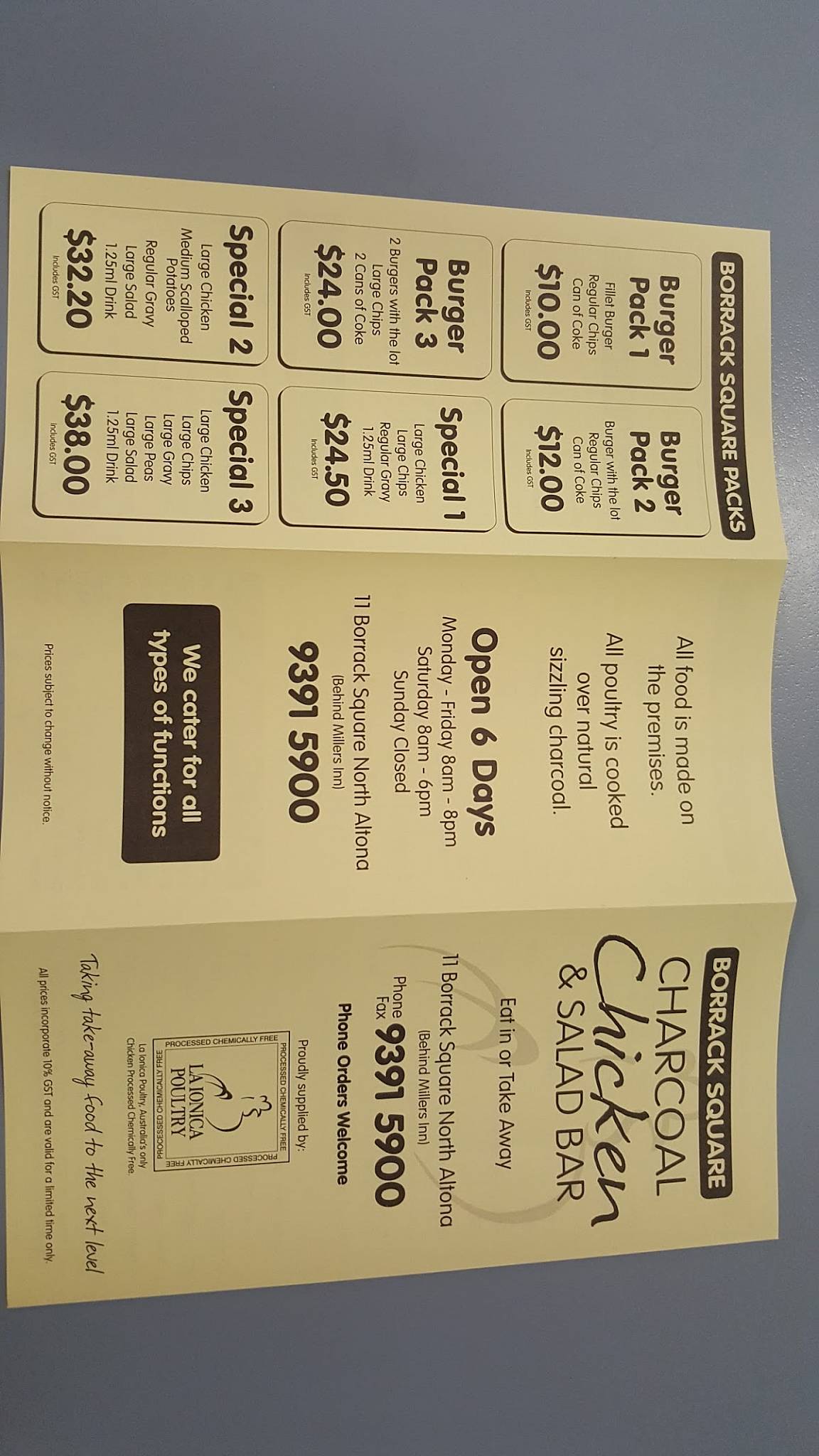 Menu at Borrack Square Charcoal Chicken fast food, Altona North