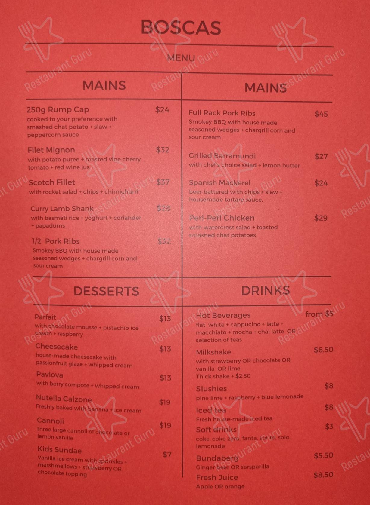 Menu at Bosca's Bar and Bistro, Mareeba