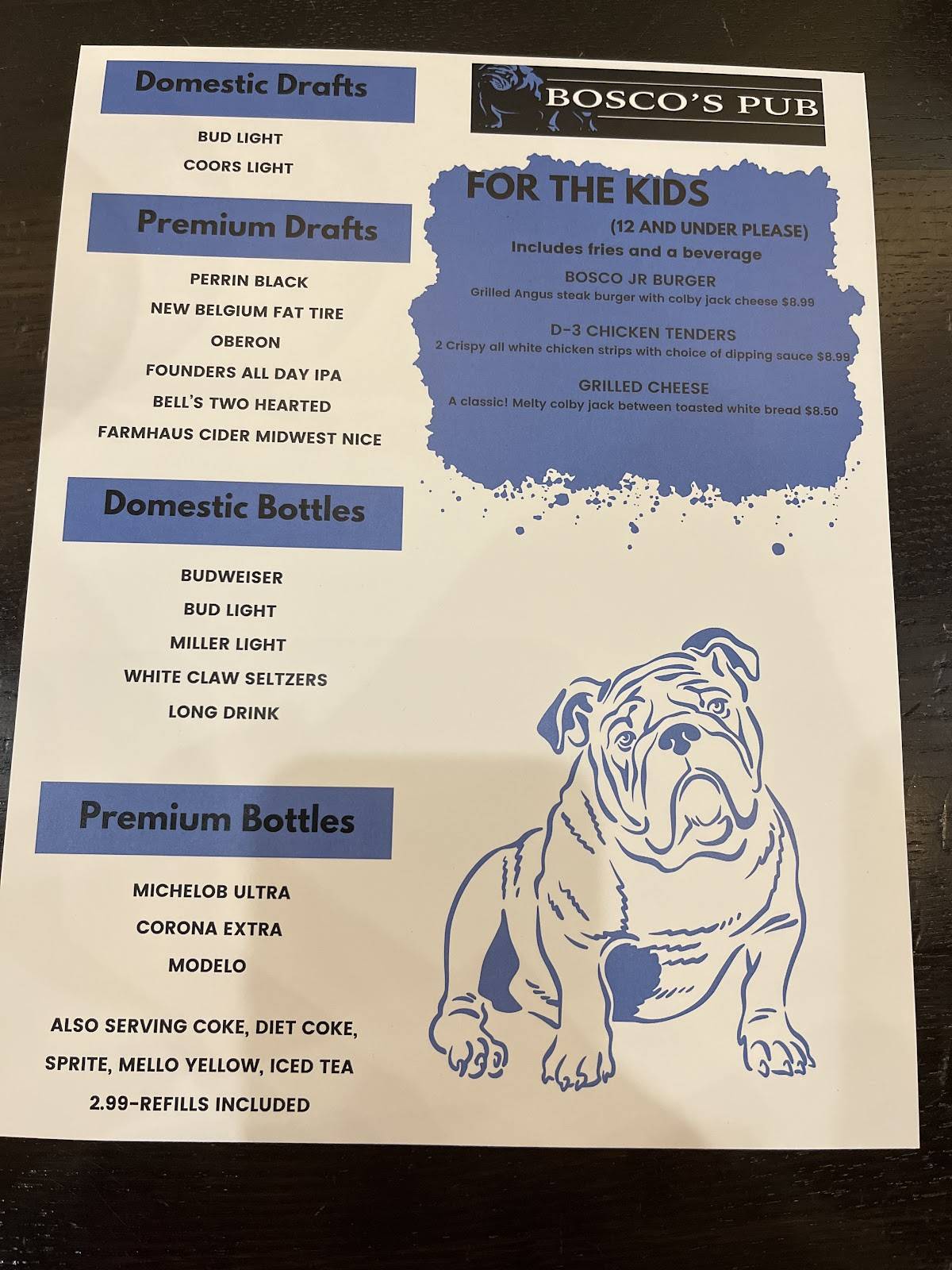 Menu at Bosco’s Pub, Hudsonville