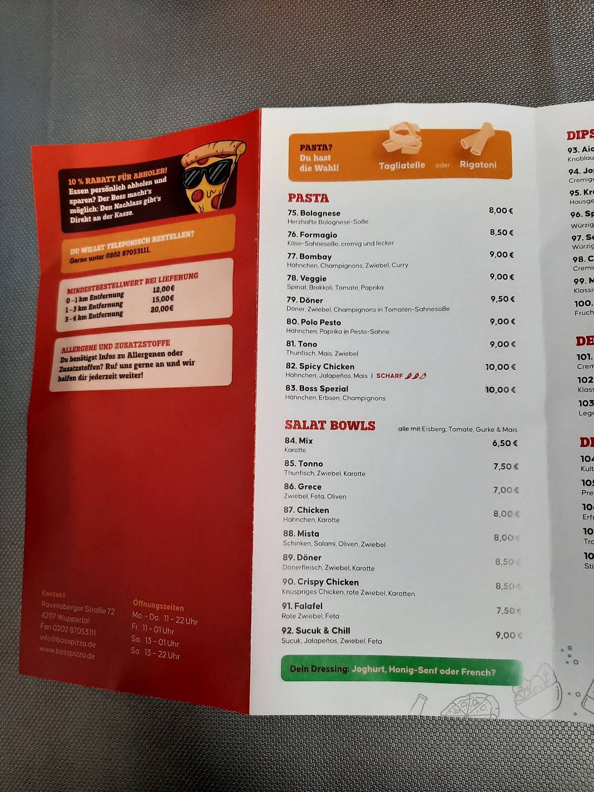 Menu au Boss Pizza GmbH, Wuppertal
