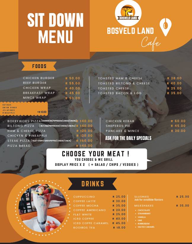 Menu at Bosveld Land Cafe/Drive-Thru, Vaalwater