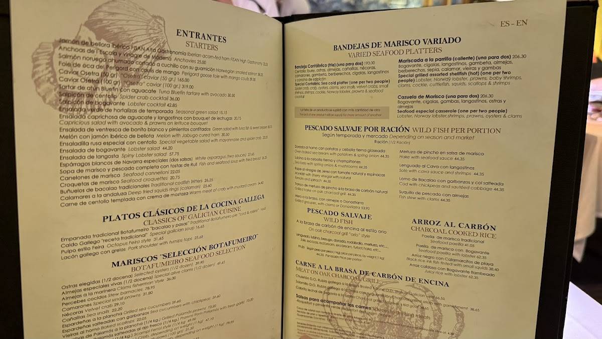 Menu at Botafumeiro restaurant, Barcelona, Carrer Gran de Gràcia