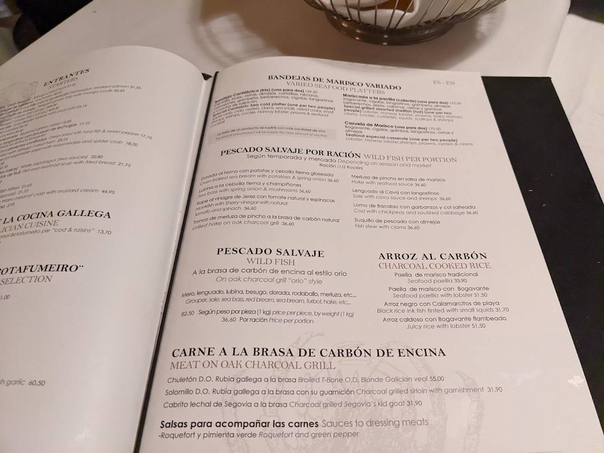 Carta del restaurante Botafumeiro, Barcelona, Carrer Gran del Gràcia