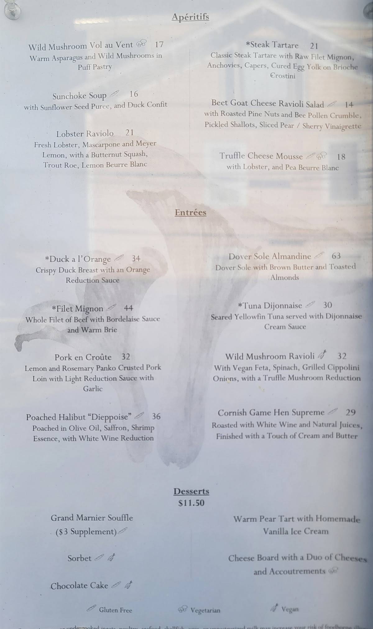 Menu at Bouchard Inn & Chanterelle Restaurant, Newport