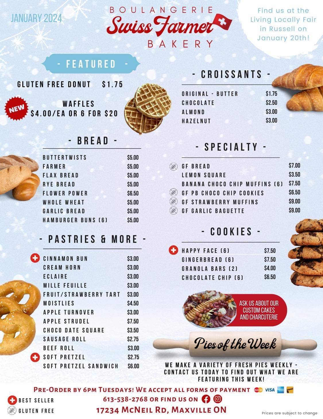 Menu at Boulangerie Swiss Farmer Bakery, Moose Creek