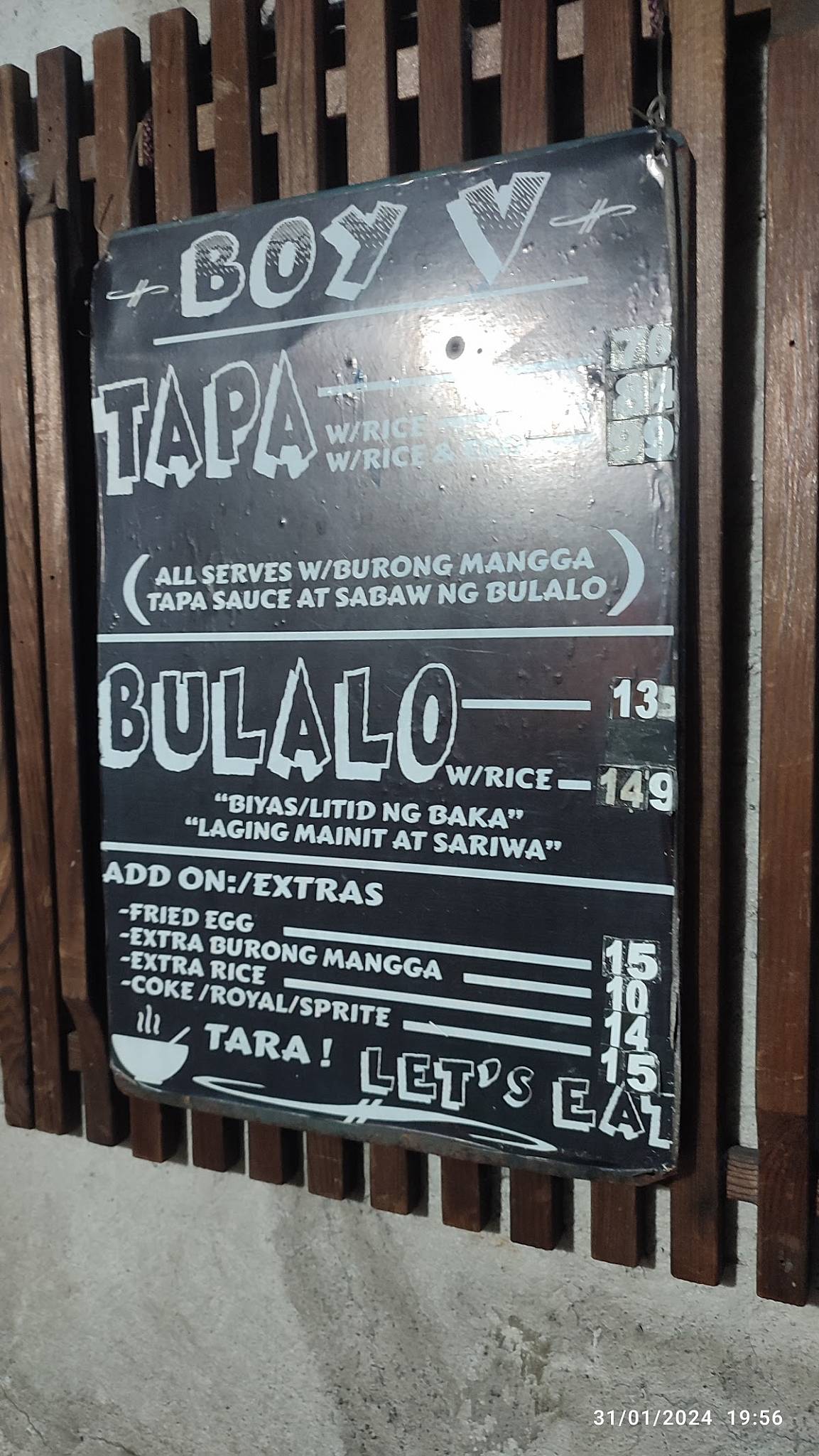 Carta del restaurante Boy V Tapa at Bulalo, Makati