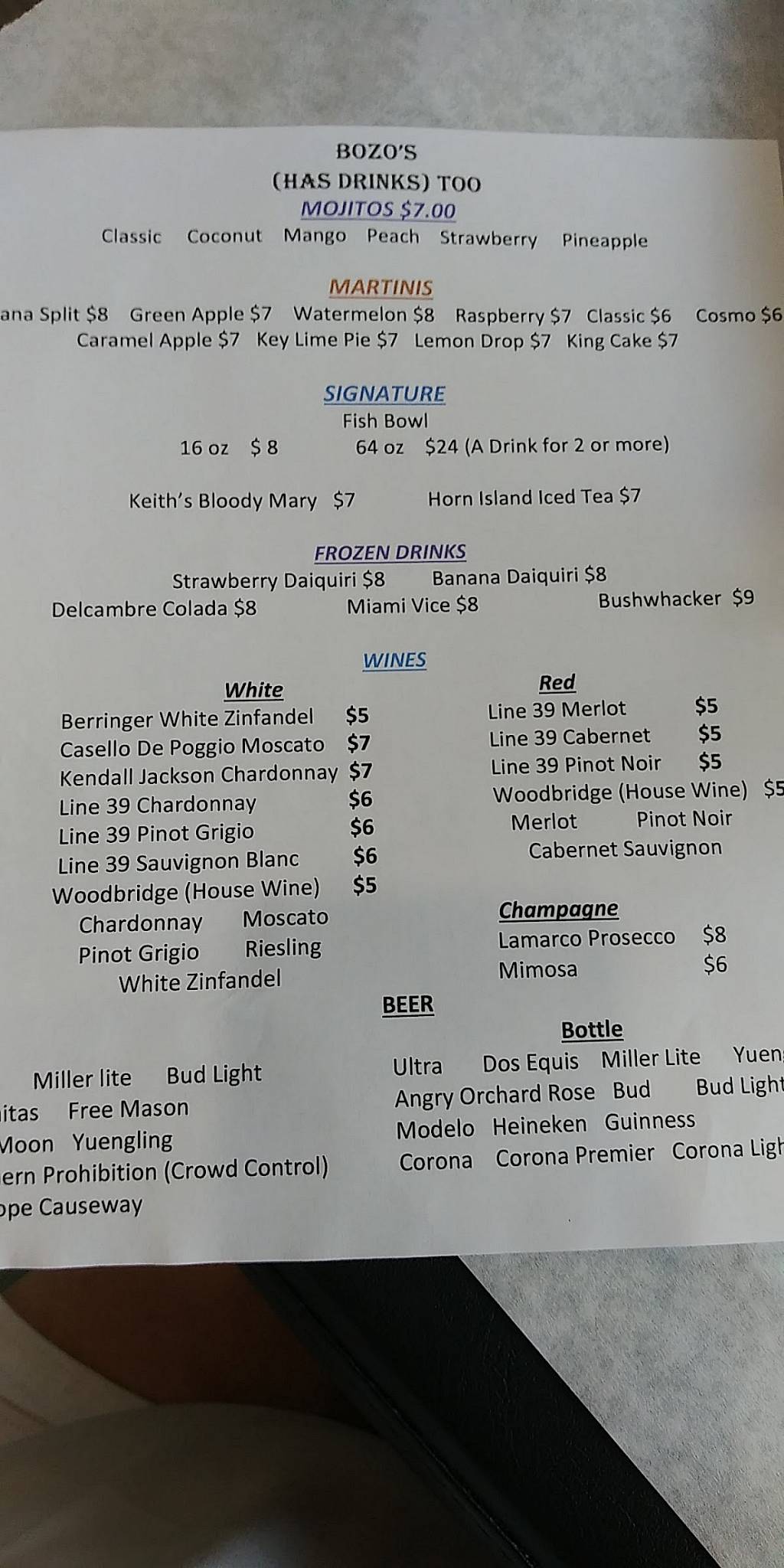 Menu at Bozo's Seafood Market restaurant, Pascagoula