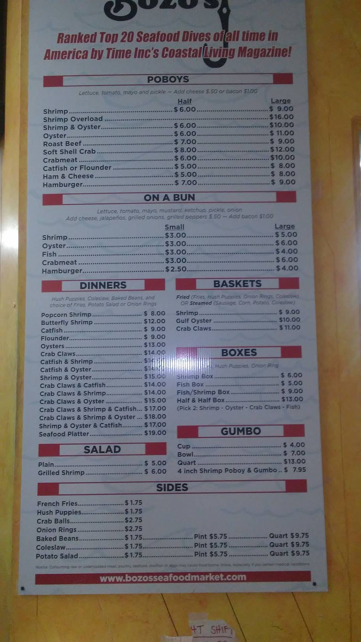 Menu at Bozo's Seafood Market restaurant, Pascagoula