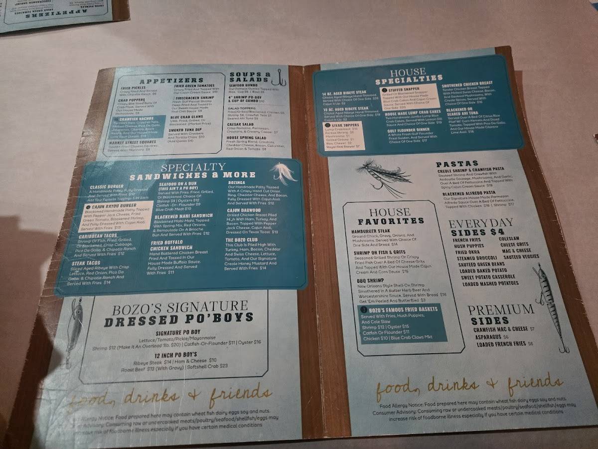 Menu at Bozo's Seafood Market restaurant, Pascagoula