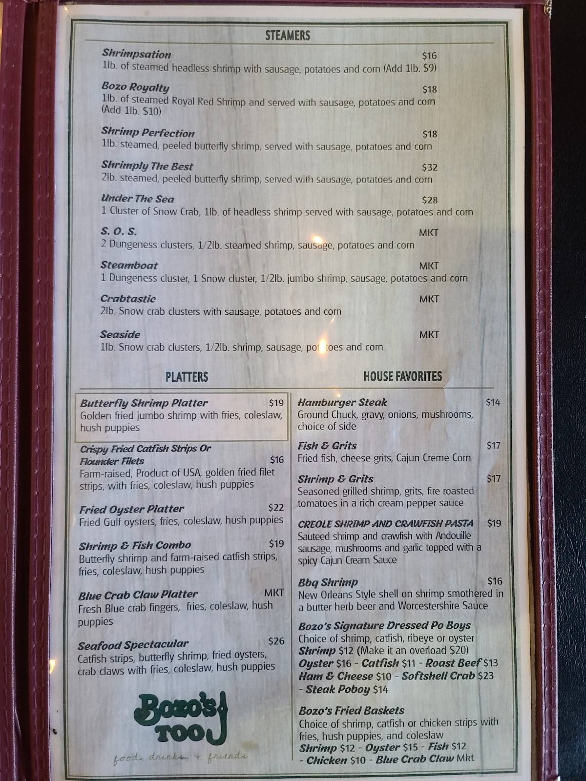 Menu at Bozo's Seafood Market restaurant, Pascagoula