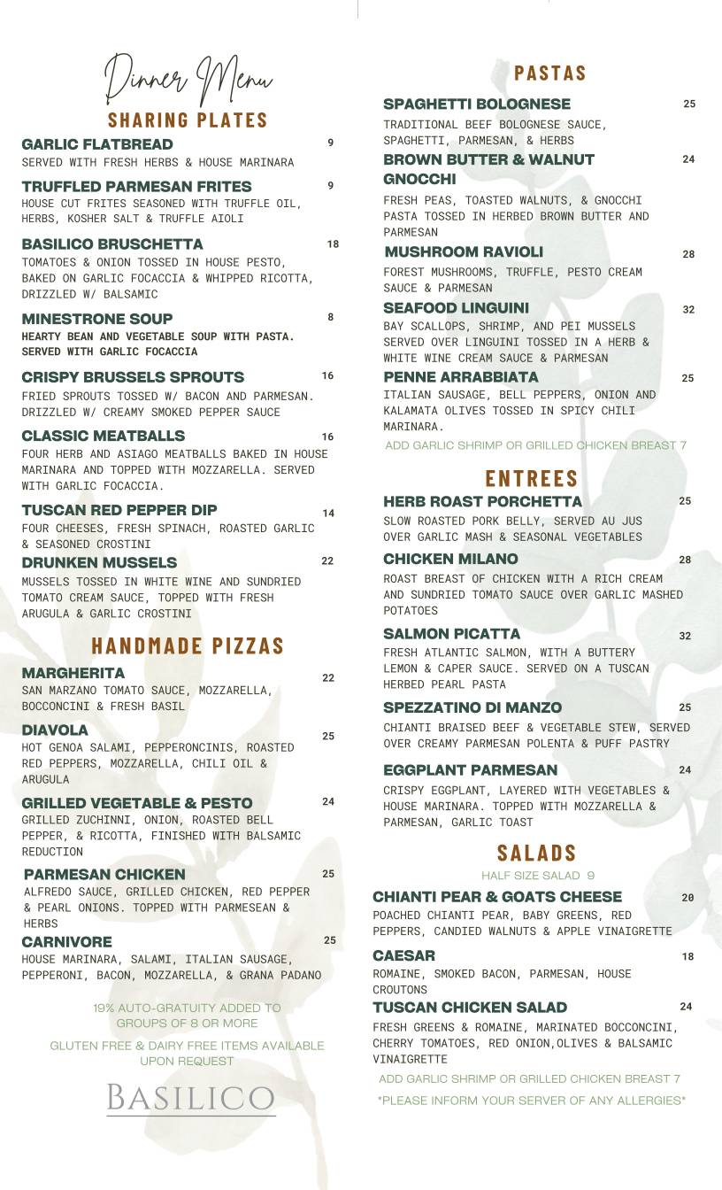 Menu at Basilico restaurant, Bracebridge