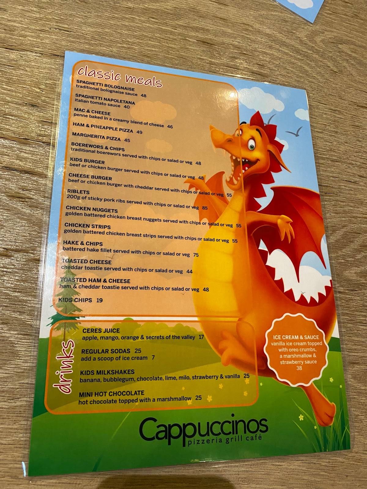 Menu at Cappuccino's CAFE & PIZZERIA, Brakpan