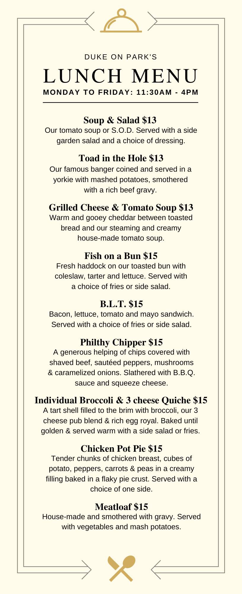 Menu at Duke on Park pub & bar, Brantford