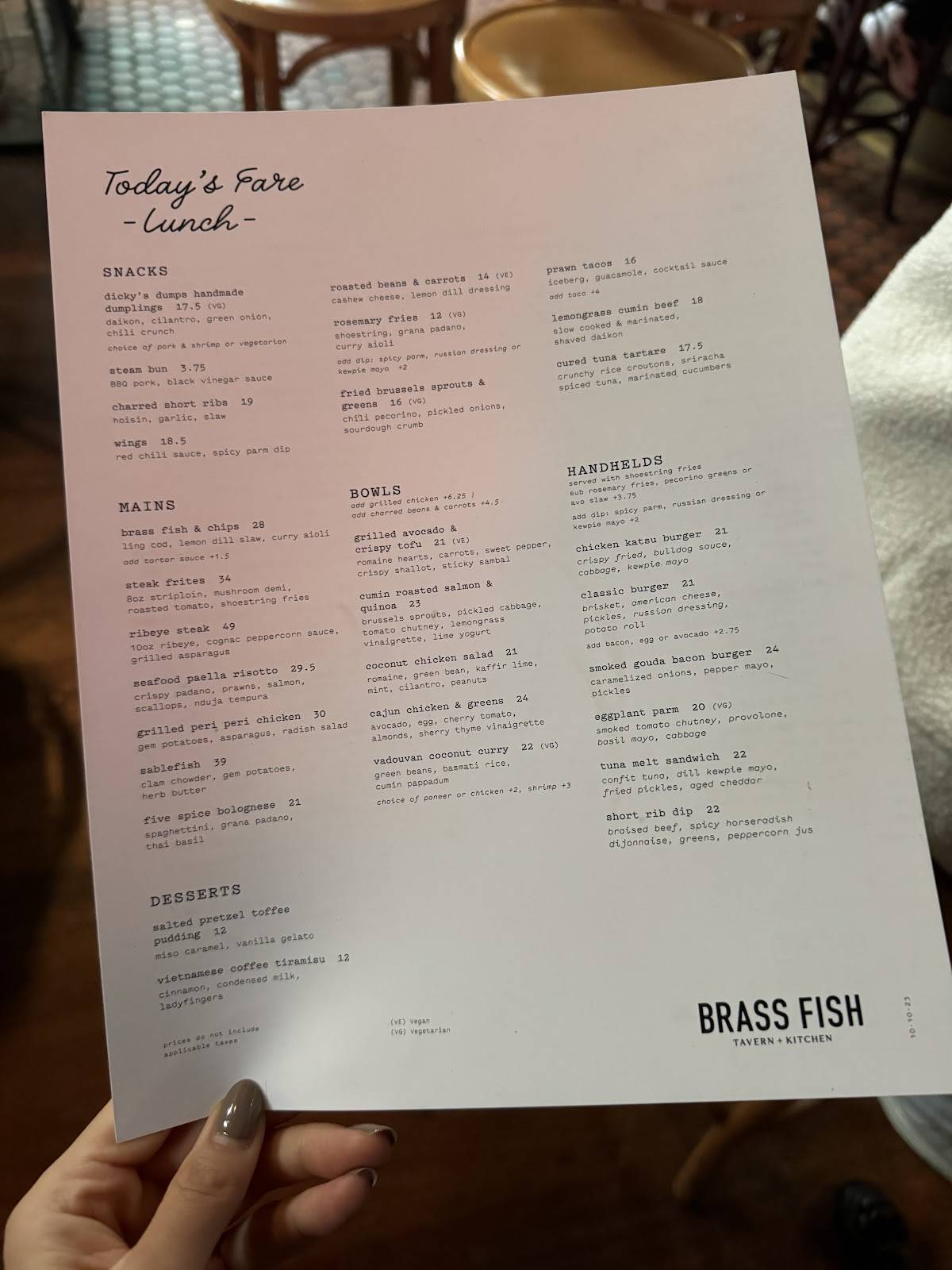 Menu at Brass Fish Tavern restaurant, Vancouver