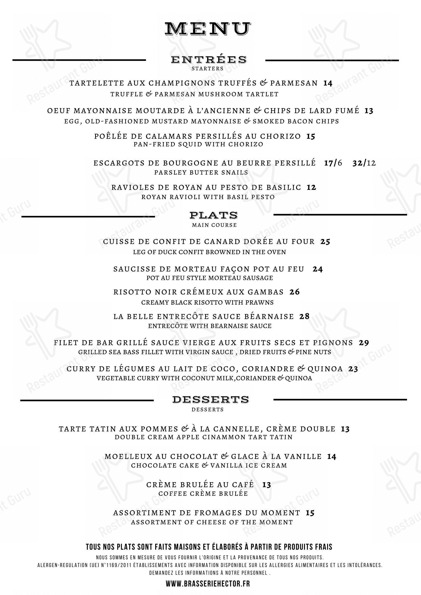 Menu at Brasserie Hector restaurant, Paris