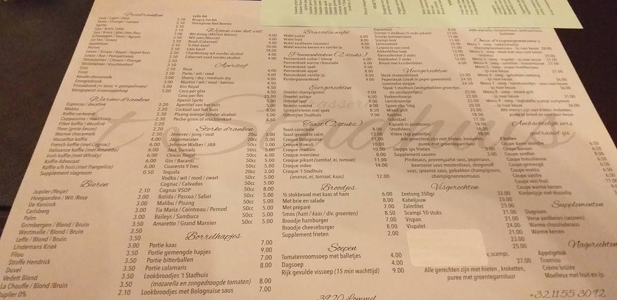 Menu at Brasserie Stadhuis, Lommel