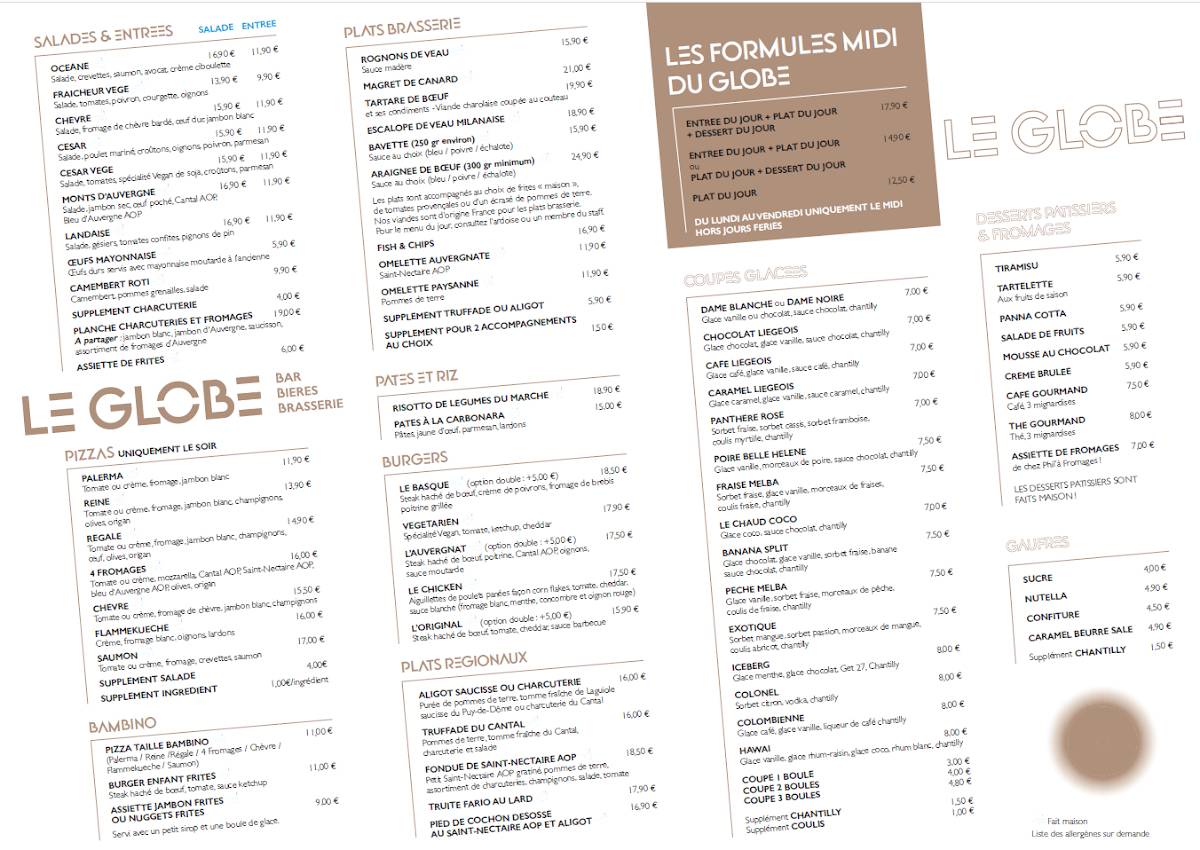 Menu au Brasserie le Globe restaurant, Issoire