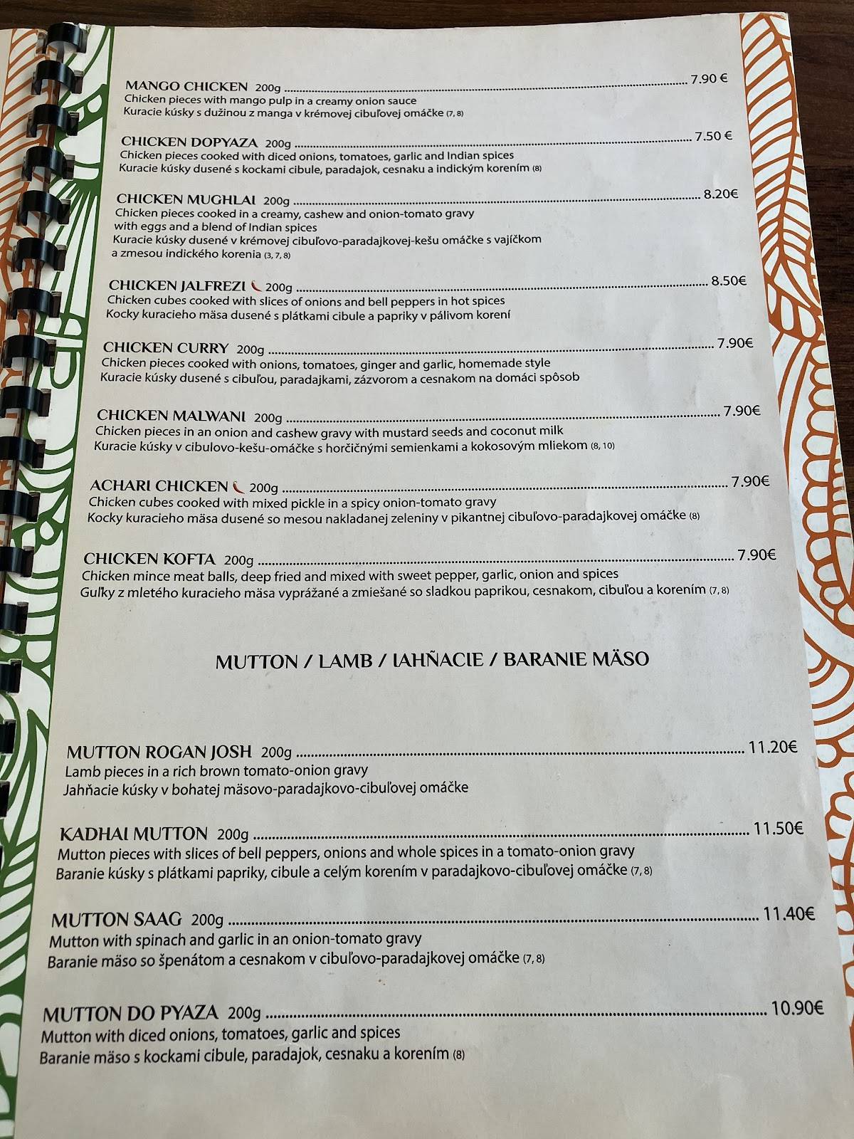 Menu at Nivara Bratislava restaurant, Bratislava