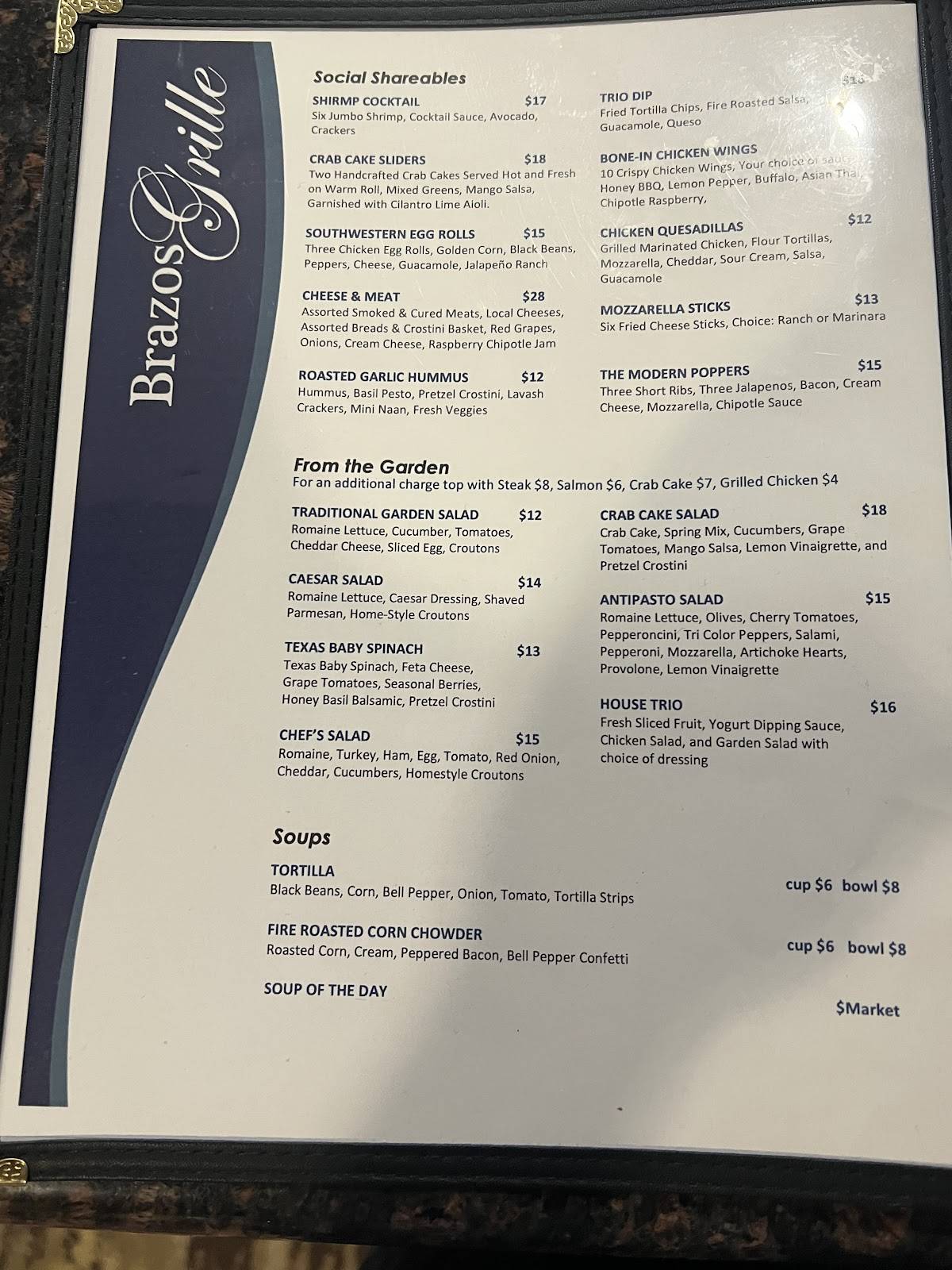 Menu at Brazos Grille at the Hilton Waco pub & bar, Waco
