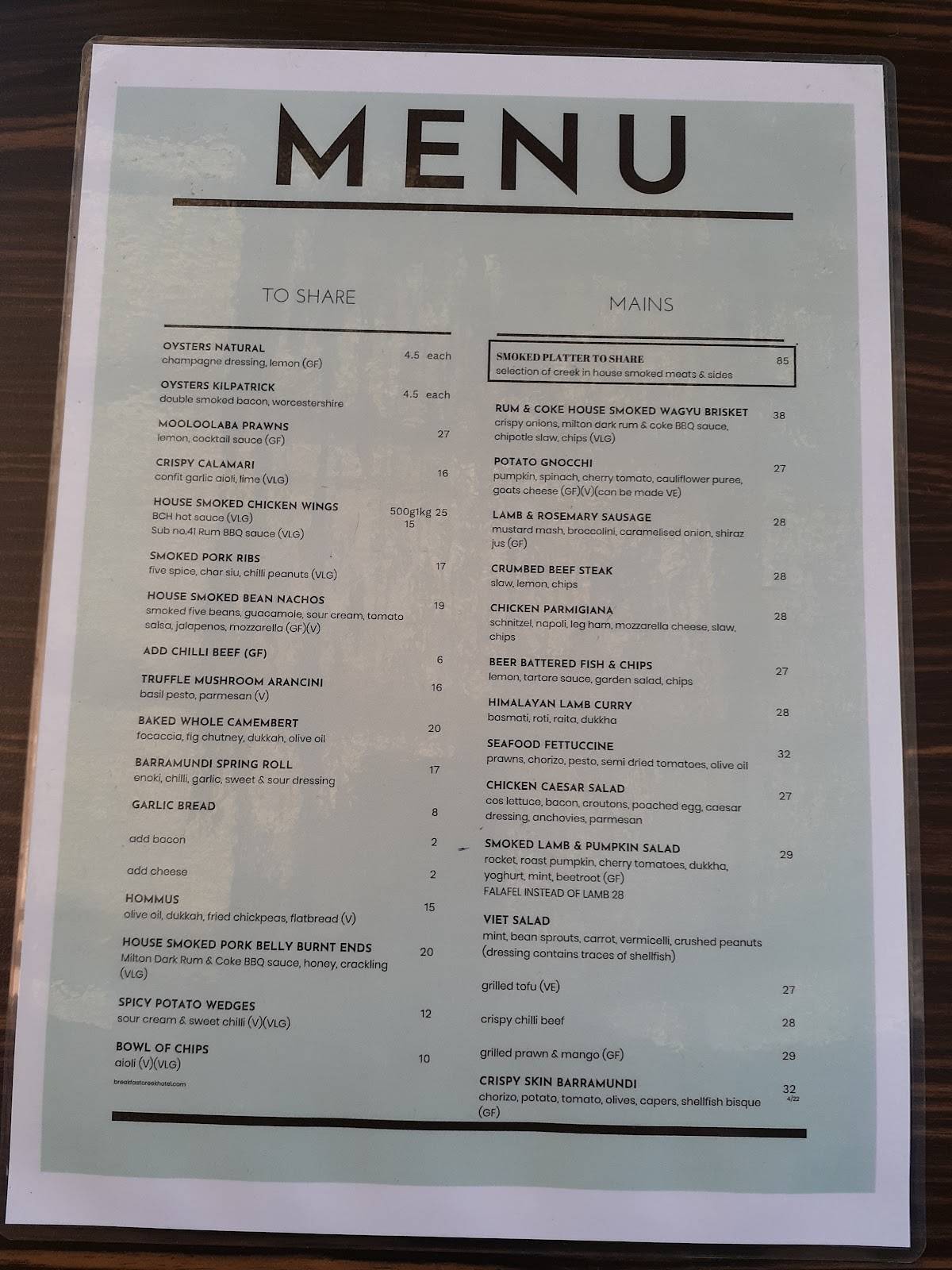 Menu at Breakfast Creek Hotel steakhouse, Brisbane City