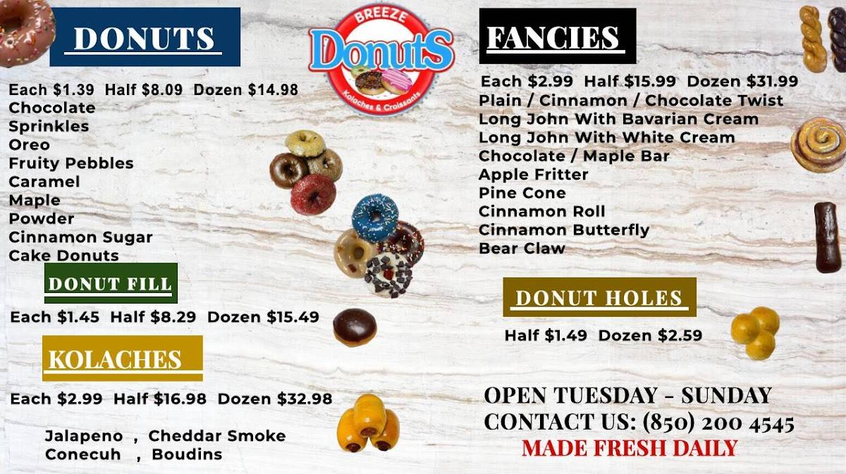 Menu at Breeze Donuts and Kolaches, Hurlburt Field