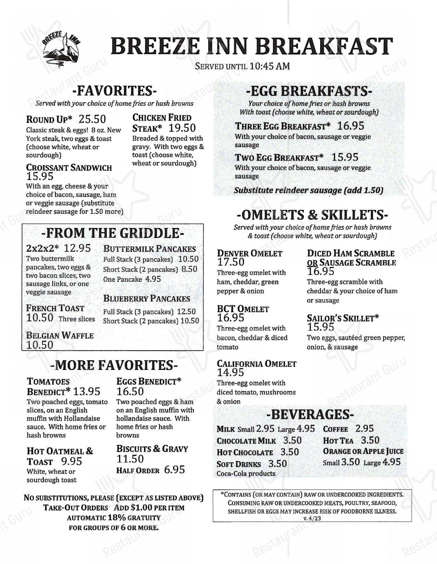 Menu at Breeze Inn Restaurant & Lounge, Seward