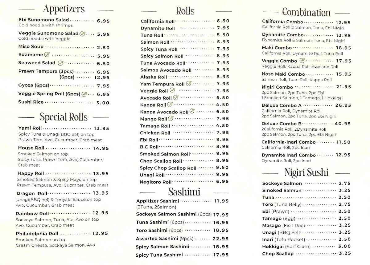 Menu at Yami Sushi restaurant, Brentwood Bay