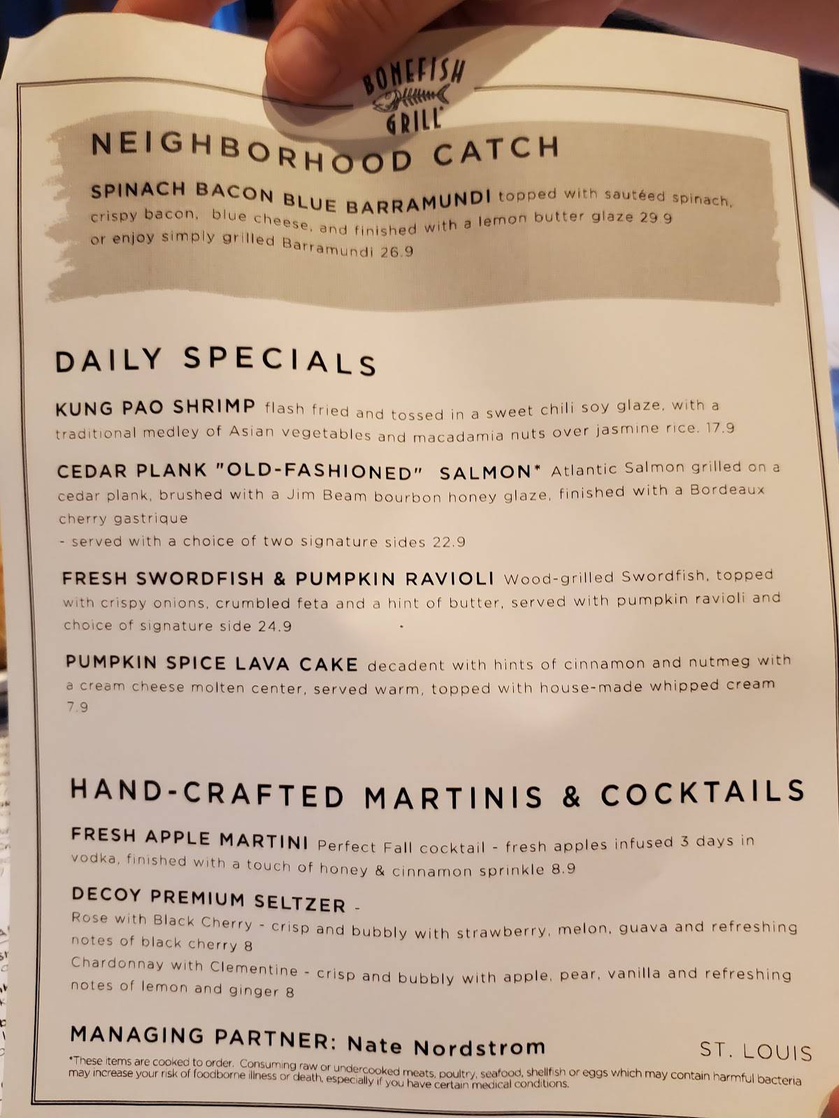 Menu at Bonefish Grill restaurant, Brentwood