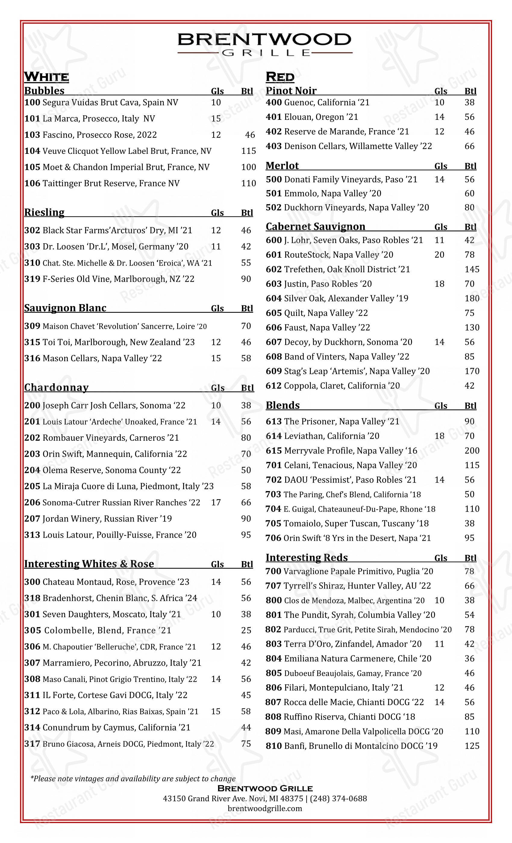 Menu at Brentwood Grille steakhouse, Novi
