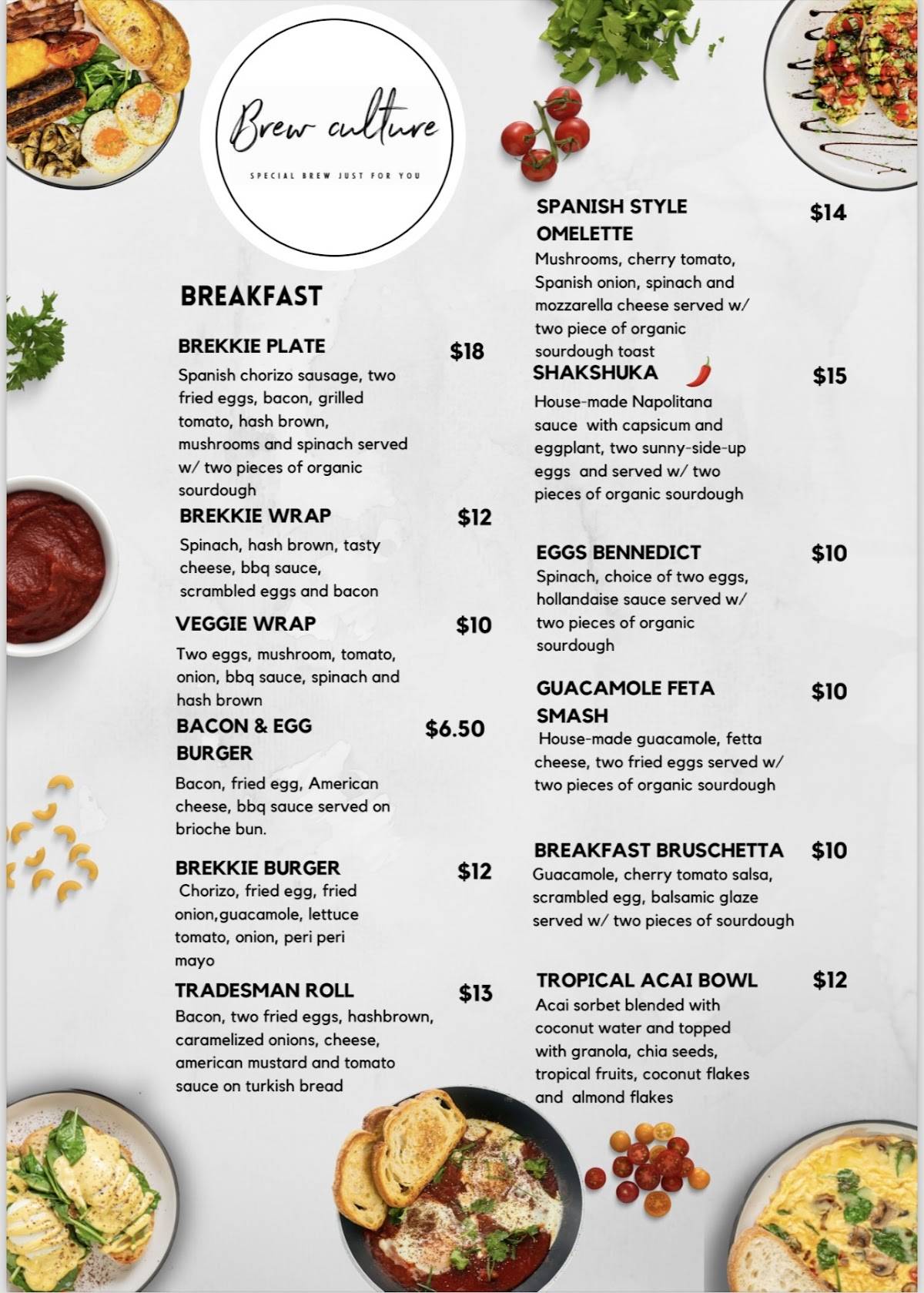 Menu at Brew Culture cafe, Smithfield