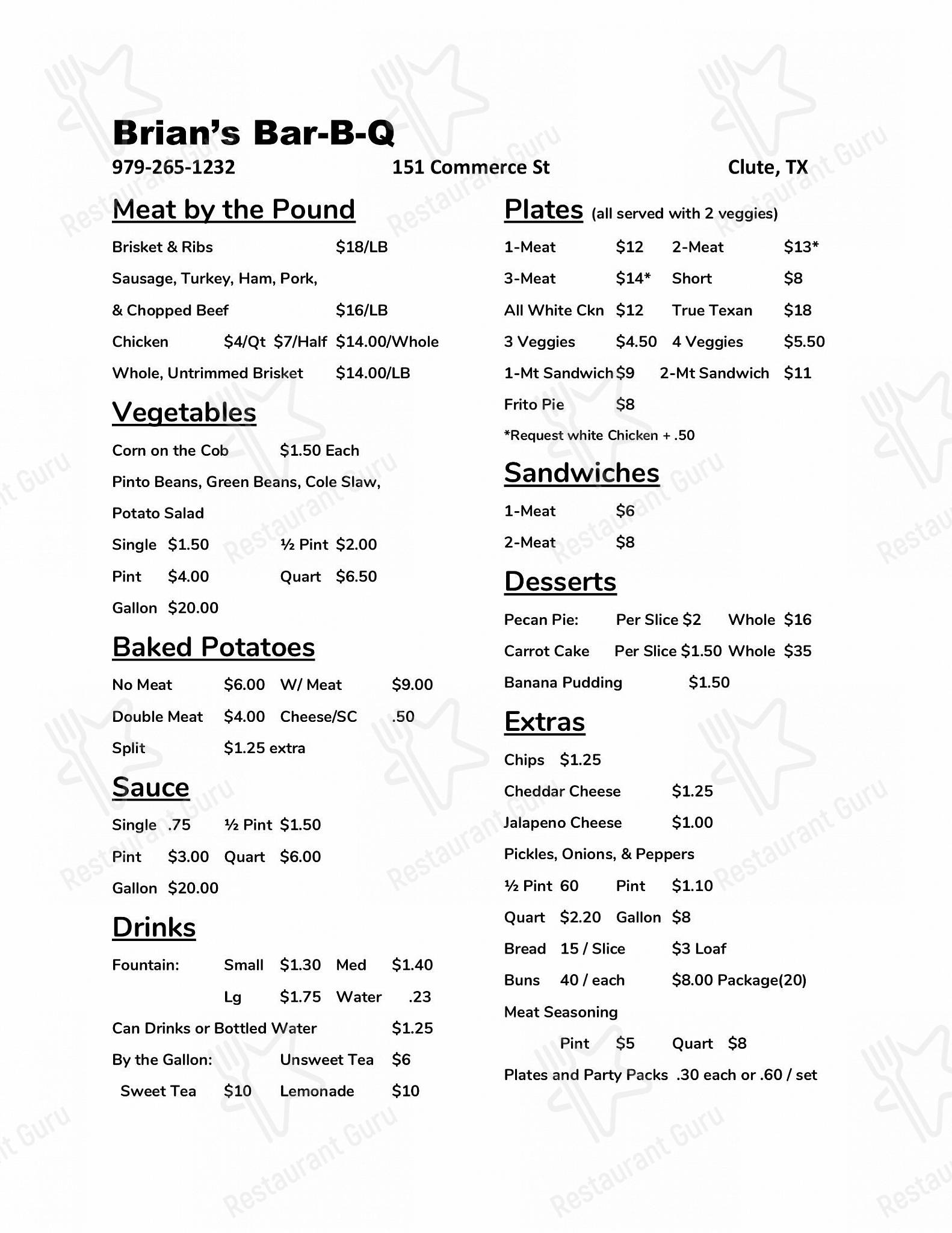 Menu at Brian's Bar-B-Q, Clute
