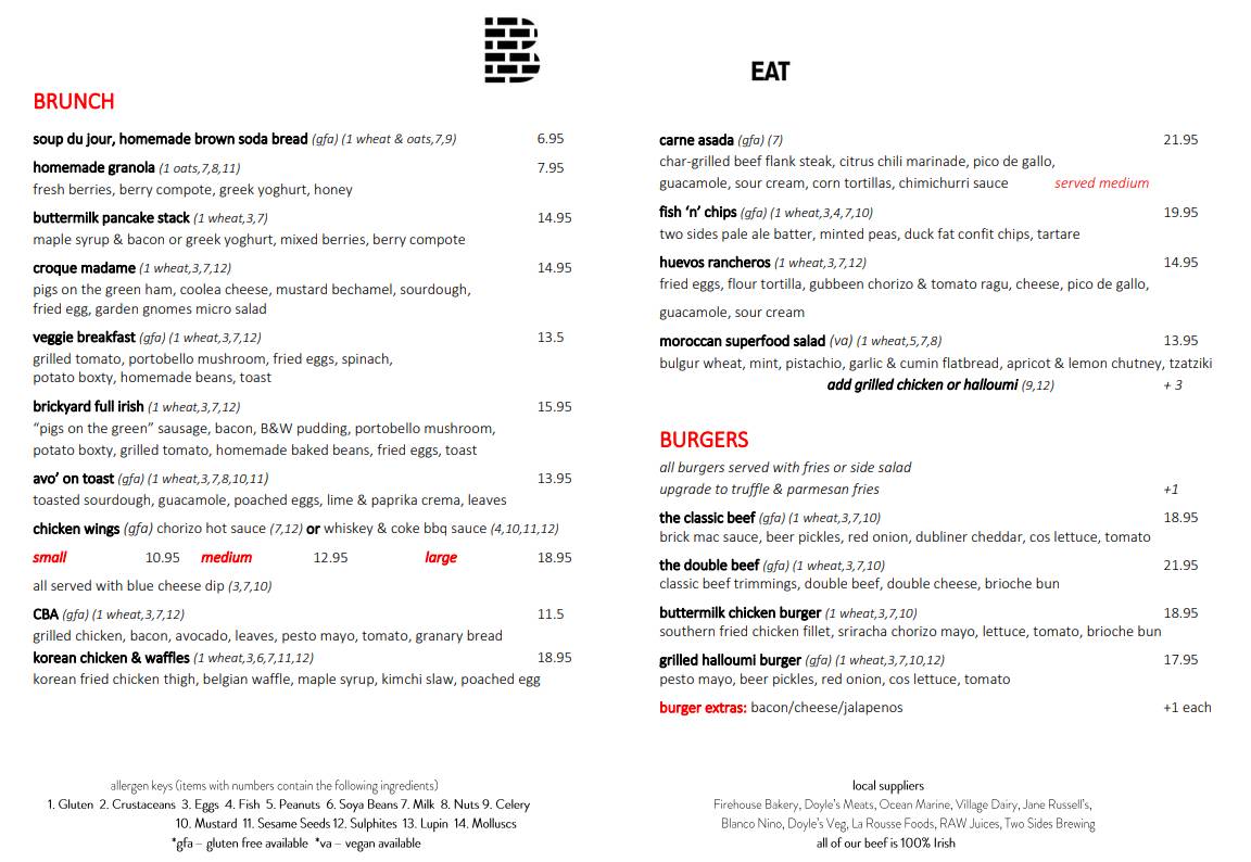 Menu at Brickyard Gastropub, Dublin, Ground Floor, North Block ...