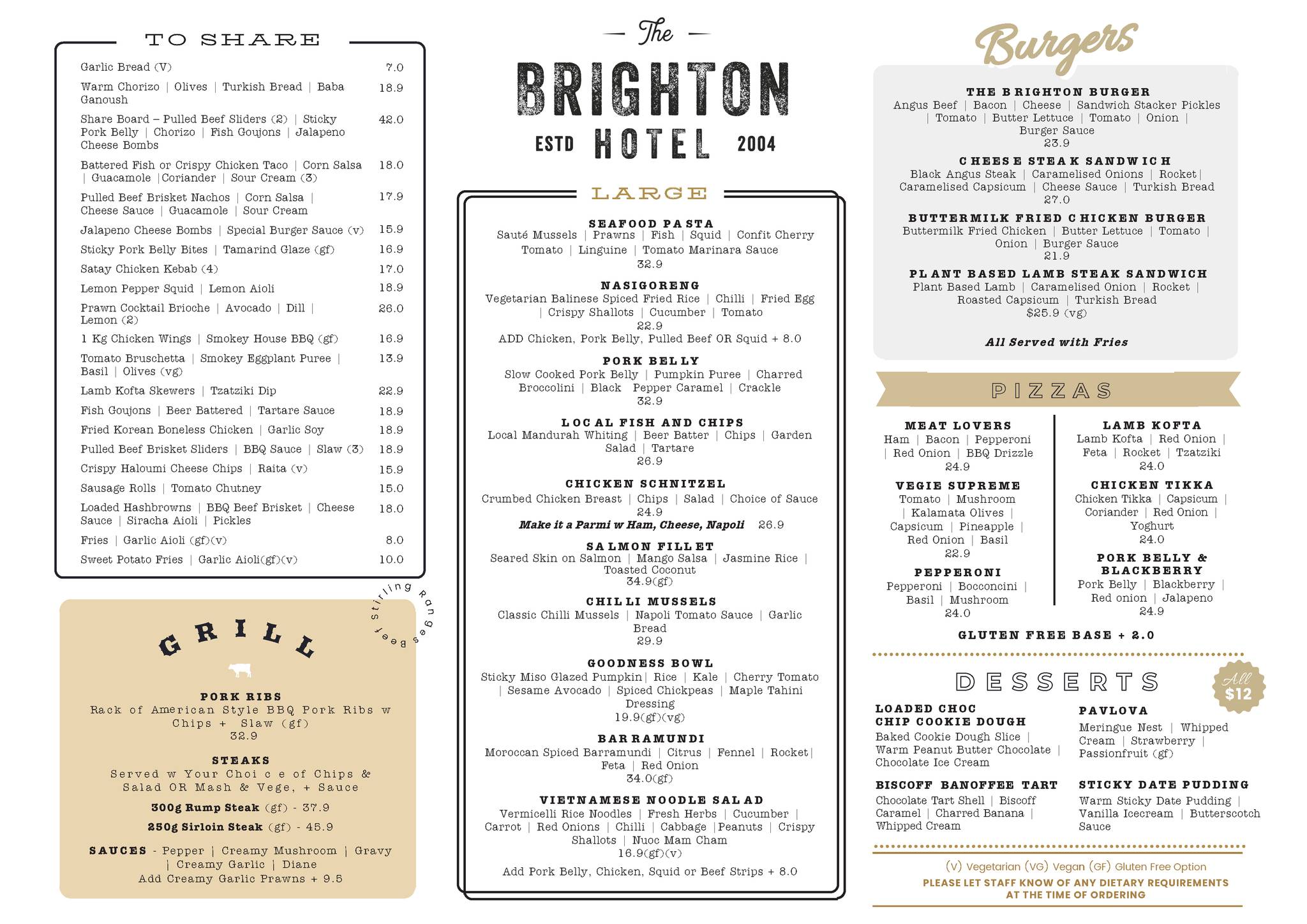 Menu at Brighton Hotel restaurant, Mandurah