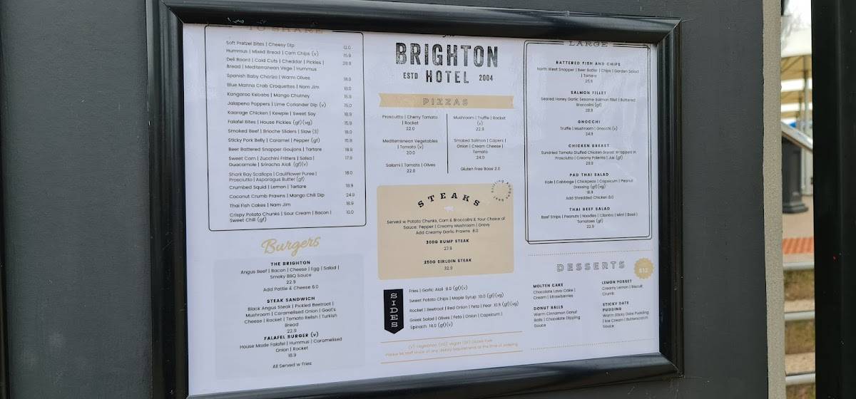 Menu at Brighton Hotel restaurant, Mandurah
