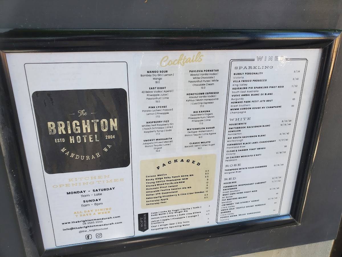 Menu at Brighton Hotel restaurant, Mandurah