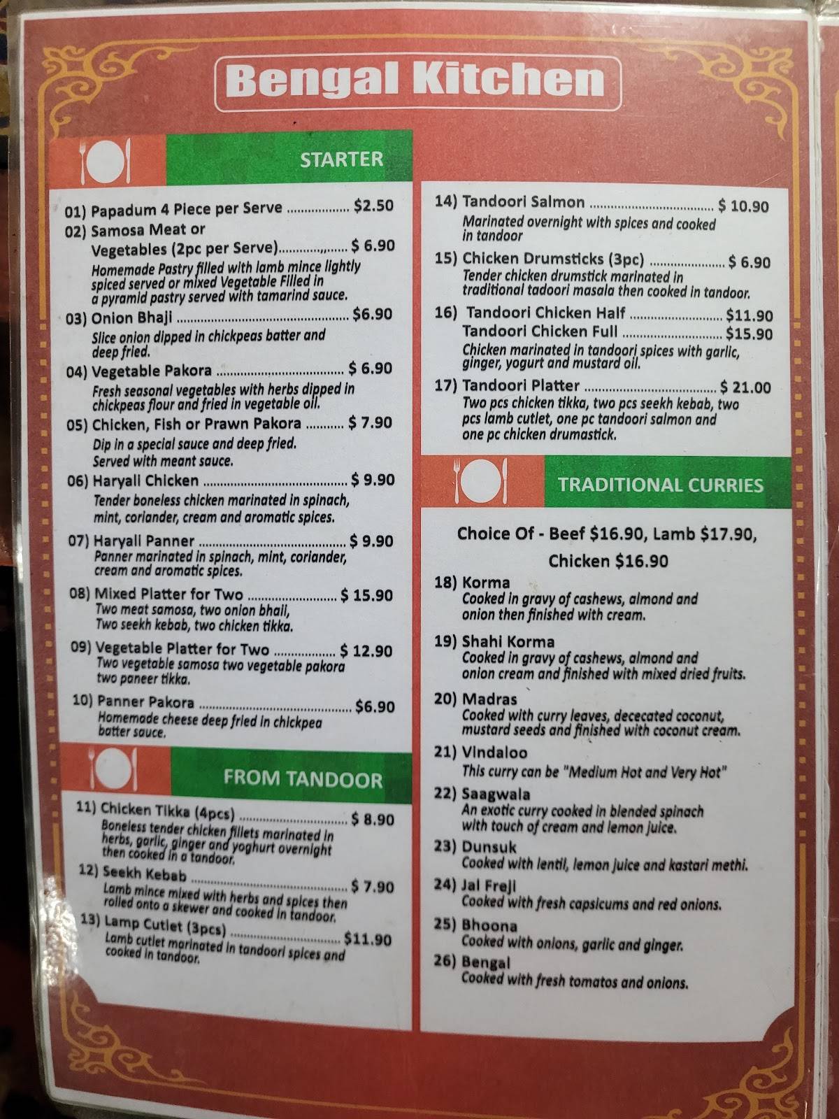Menu at Bengal Kitchen restaurant, Woolloongabba