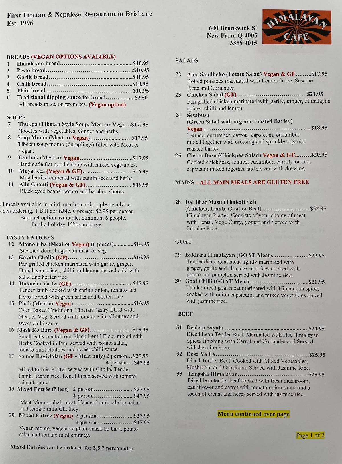 Menu at Himalayan Cafe, New Farm