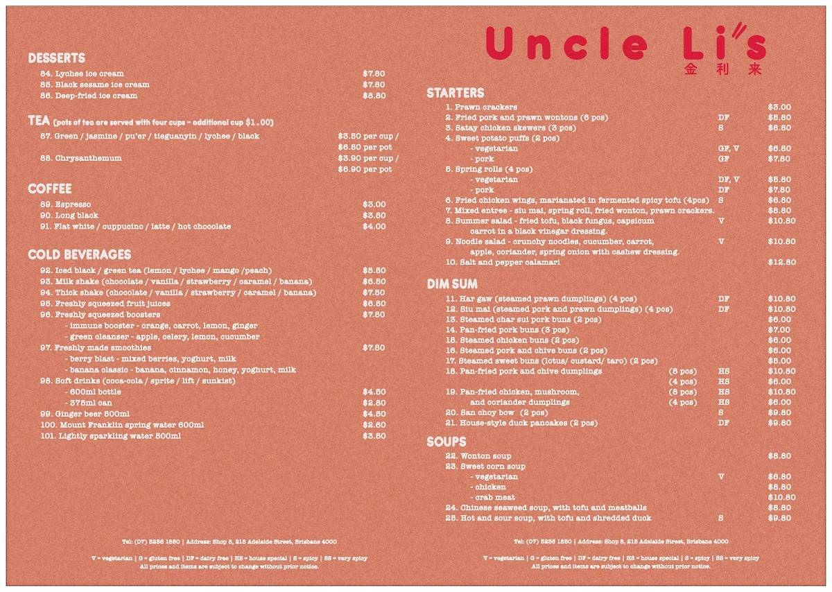 Menu at Uncle Li's restaurant, Brisbane City, Post Office Square Park