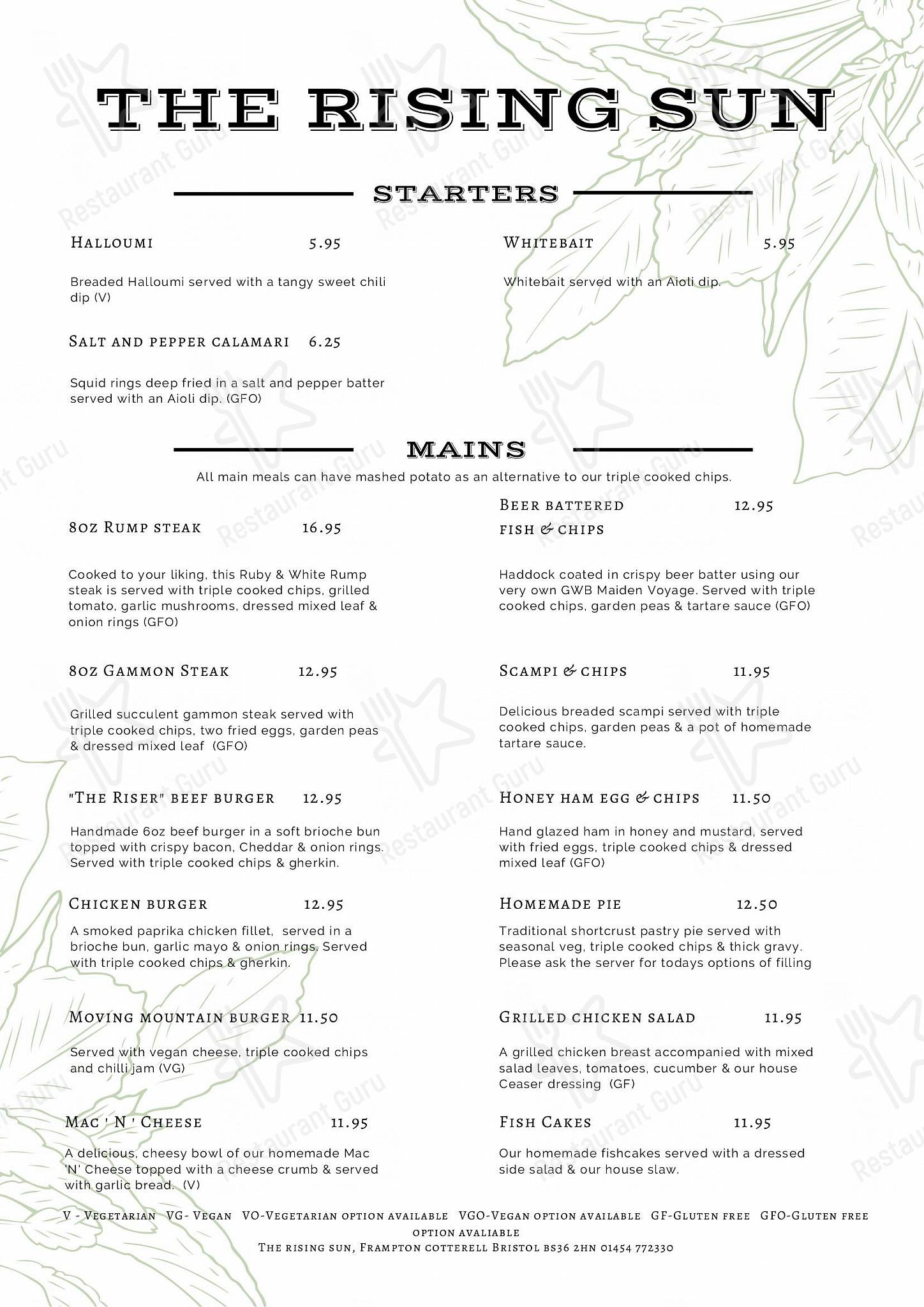 Menu at The Rising Sun pub & bar, Bristol, Ryecroft Rd