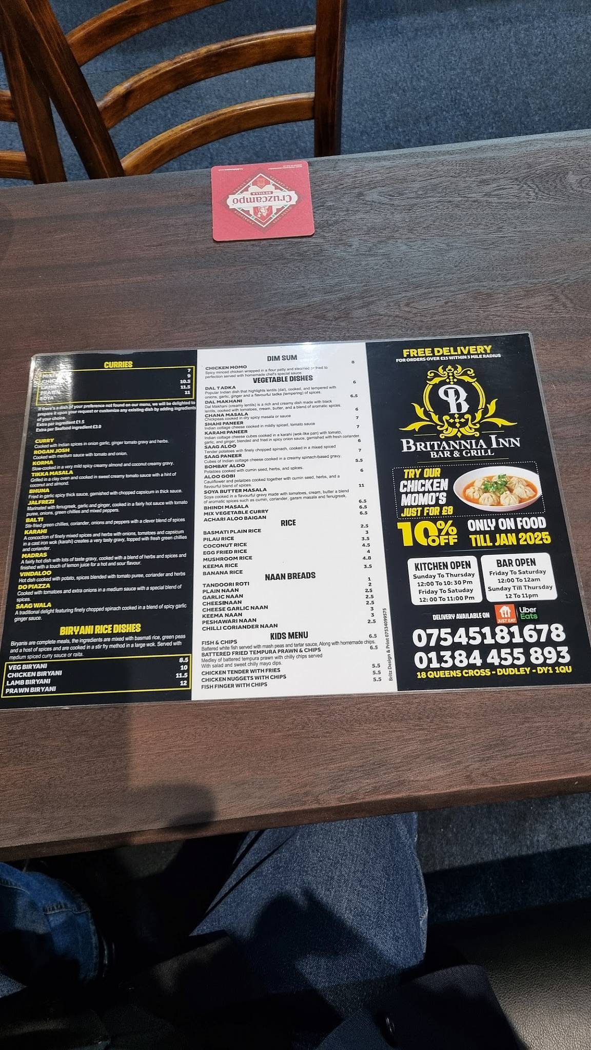 Carta del pub y bar Britannia, Dudley